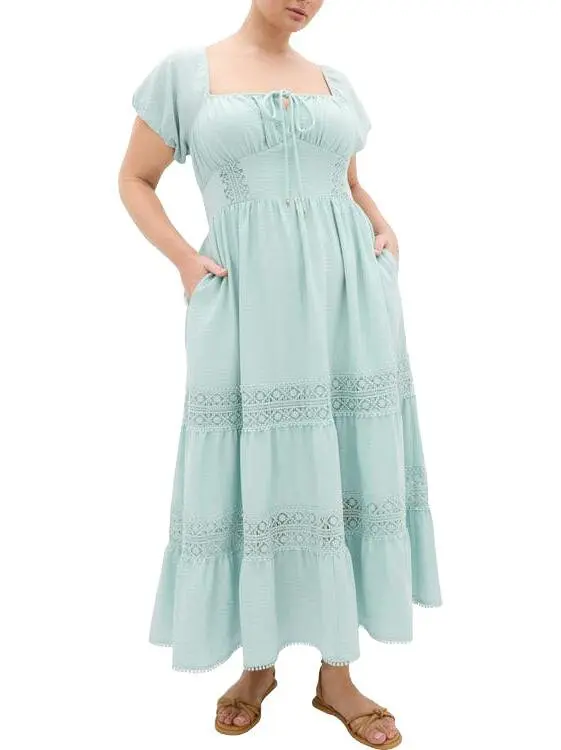 City Chic Haven Lace Trim Puff Sleeve Midi Dress - Seafoam