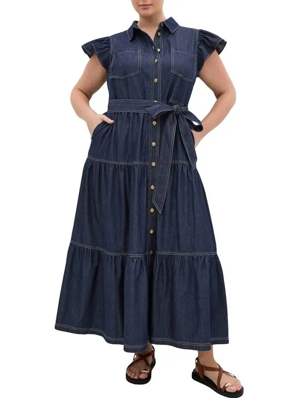 City Chic Kelsie Tie Waist Tiered Denim Maxi Dress - Dark Denim