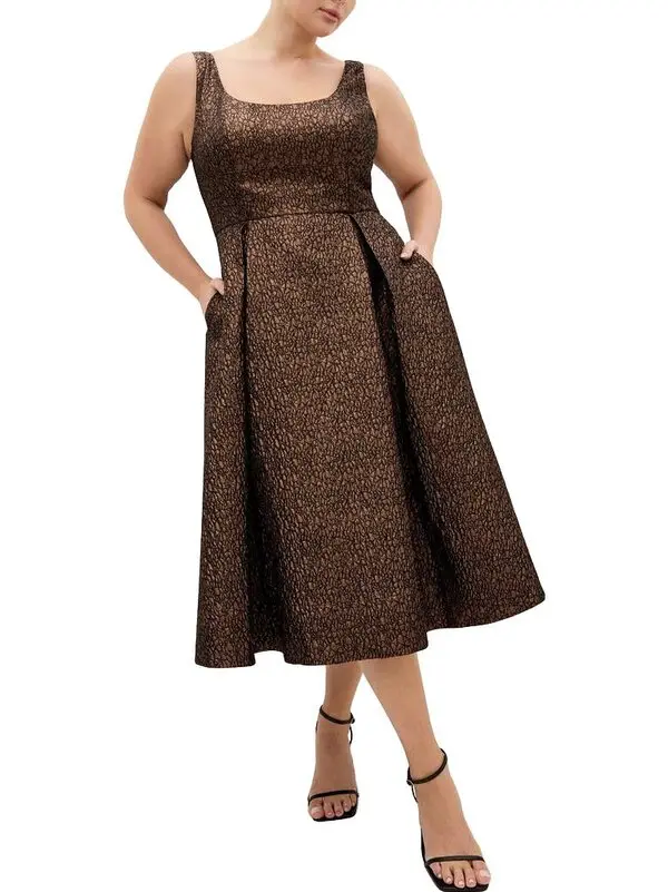 City Chic Rosella Jacquard Fit & Flare Midi Dress - Metallic Bronze