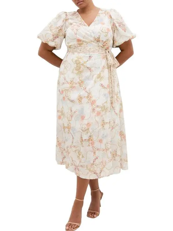 City Chic Floral Print Wrap Dress With Puff Sleeves - Opulent Ivory