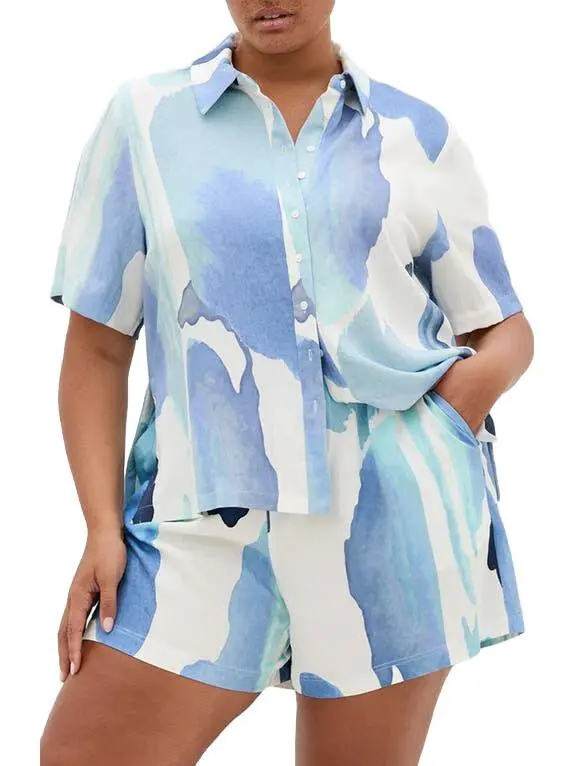 City Chic Printed Short Sleeve Button-up Shirt - Tranquil