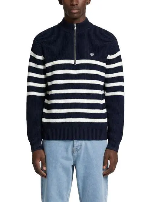 WALKER & HUNT Huxley Striped Quarter Zip Sweater - Navy