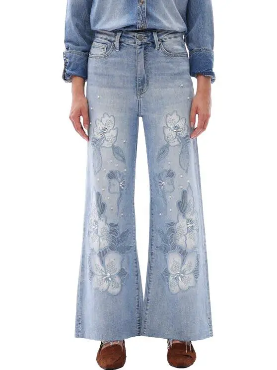 BAYEAS Portland Embellished High-waist Wide-leg Jeans - Light Blue