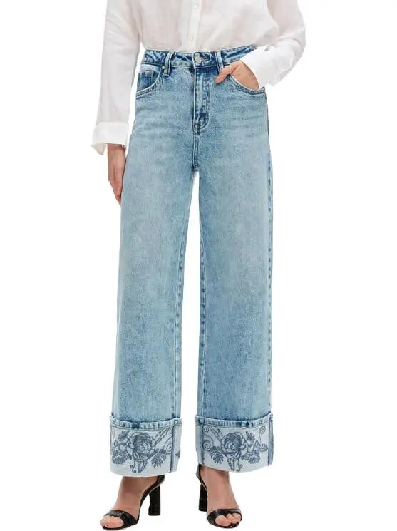 BAYEAS Flora Embroidered High-waist Wide-leg Jeans - Light Blue