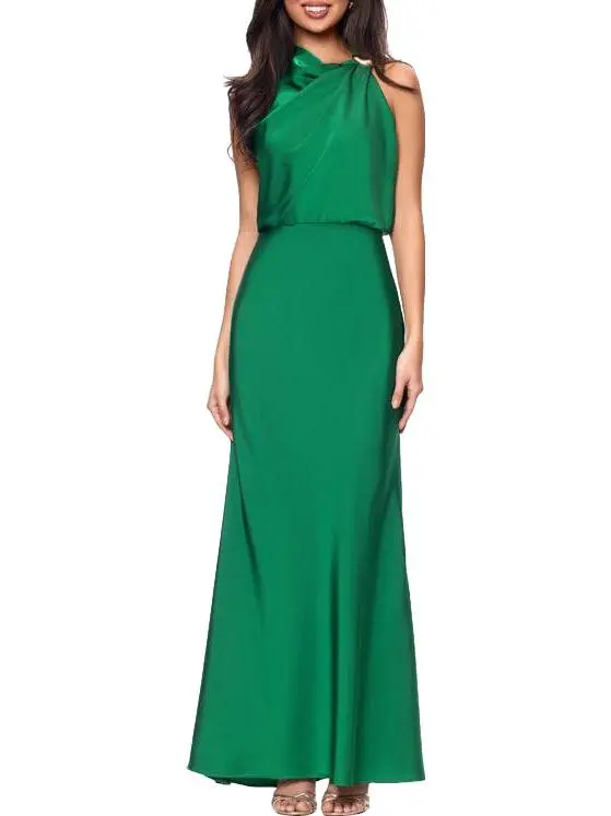 Betsy & Adam Clasp Detail Satin Gown - Emerald
