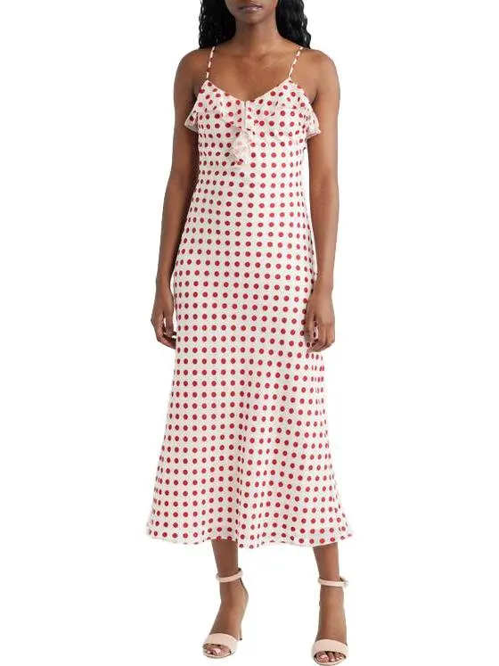 LUCY PARIS Ruffle Detail Polka Dot Slip Dress - Cream Red