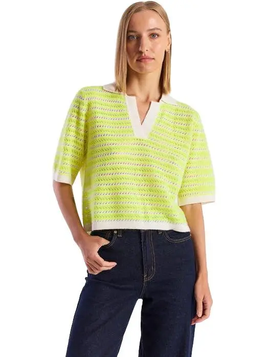 BRODIE CASHMERE Suzie Stitch Cashmere Polo Top - Neon Yellow