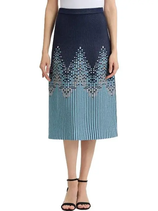 Ming Wang Flared Linear Ombre Knit Midi Skirt - Indigo/limestone/serene/white