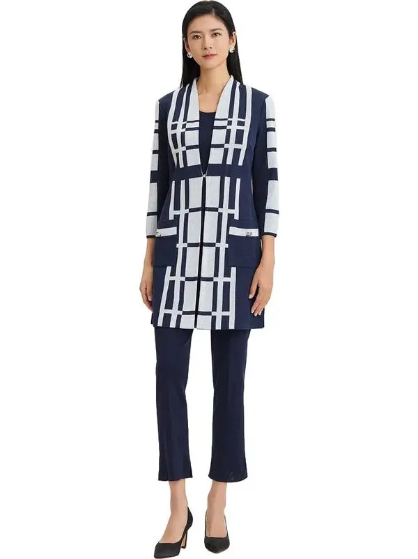 Ming Wang Geometric Knit Duster - Indigo/white