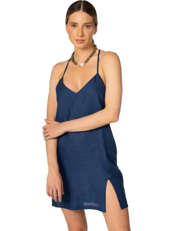 KIBYS Heli Embellished Linen Mini Dress - Navy Blue