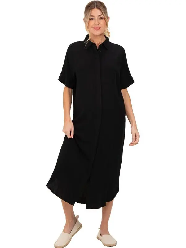 PINKBLUSH Button Down Midi Shirt Dress - Black