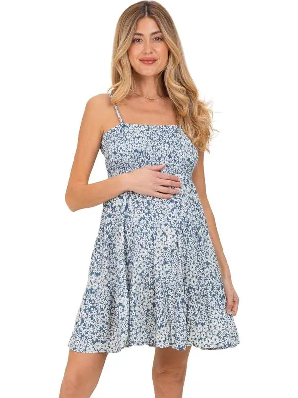 PINKBLUSH Floral Smocked Sleeveless Mini Dress - Blue