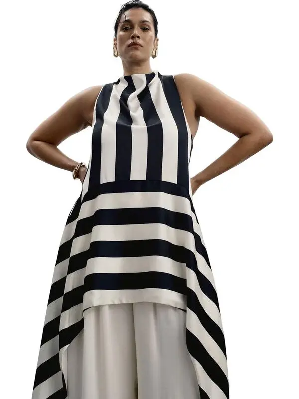 11 HONORE Longline Striped Satin Top - Black White Stripe