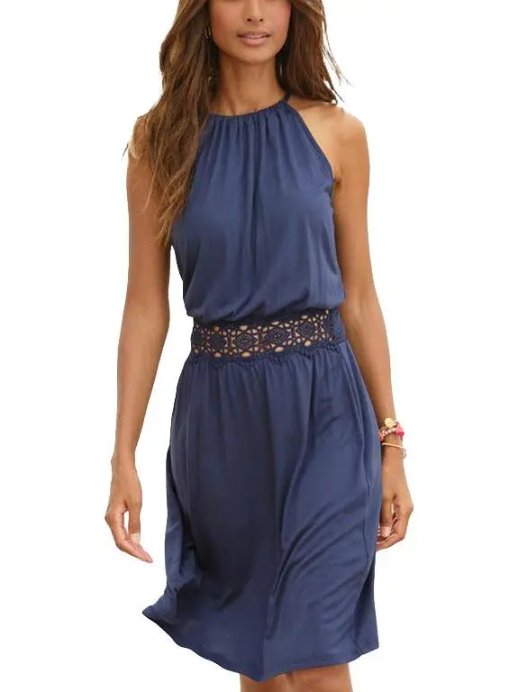 LASCANA Flowy Crochet Detail Dress - Navy