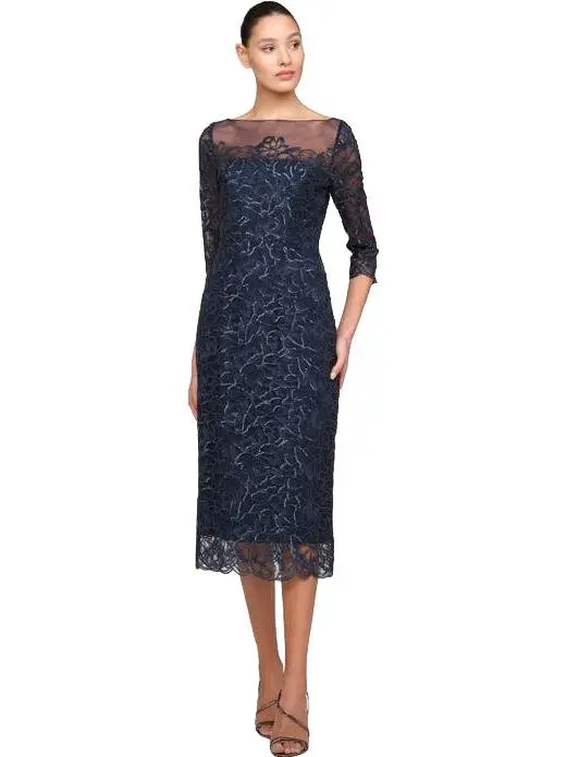 Theia Marbella Beaded Lace Midi Dress - Nautical Navy