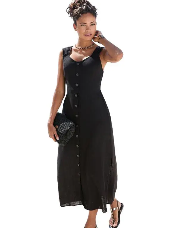 LASCANA Button Detail Maxi Dress - Black