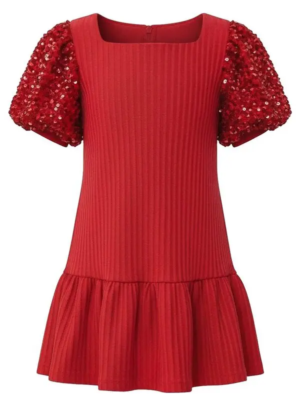 MIA BELLE GIRLS Sequin Puff Sleeve Dress - Red