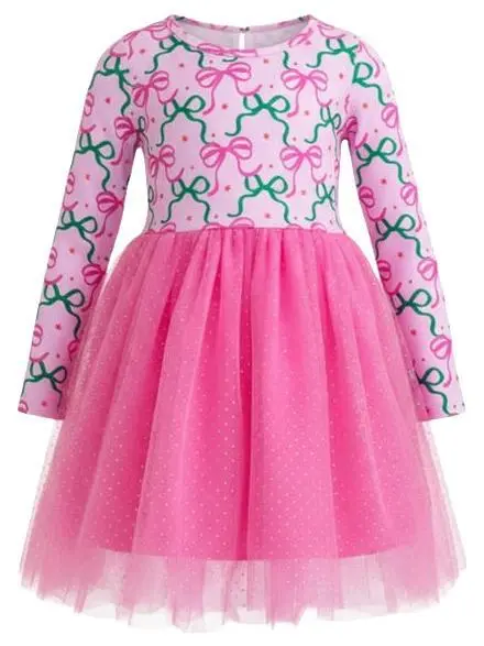 MIA BELLE GIRLS Bow And Glitter Tulle Dress - Pink