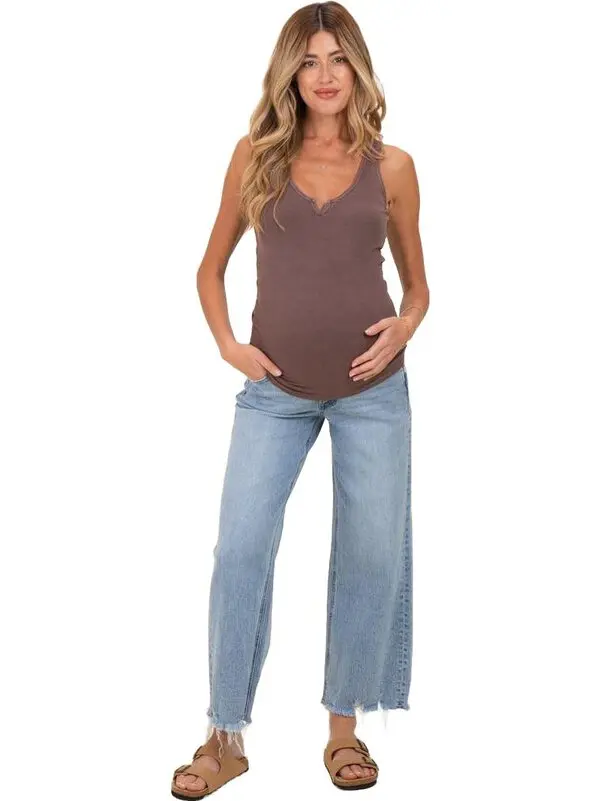 PINKBLUSH Maternity Wide Leg Jeans With Fringe Hem - Light Blue