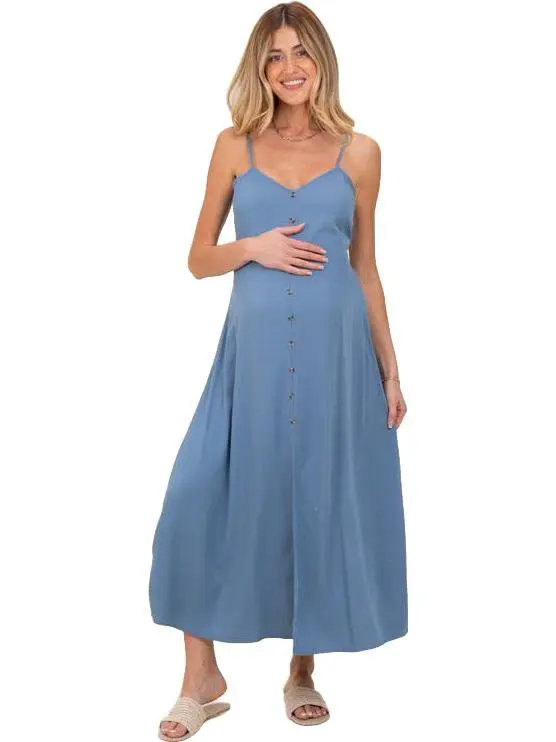 PINKBLUSH Button Accent Maternity Midi Dress - Blue