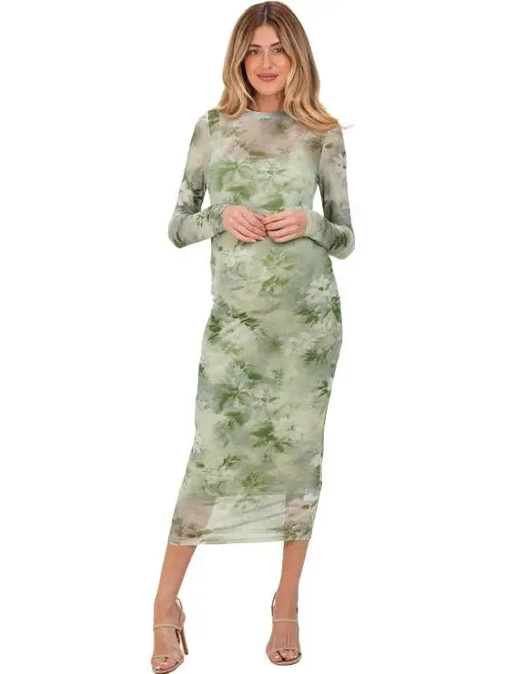 PINKBLUSH Floral Mesh Overlay Maxi Dress With Long Sleeves - Light Olive