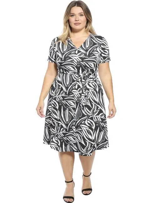 24SEVEN COMFORT APPAREL Curvy Essential Abstract V-neck A-line Midi Dress - Black Multi