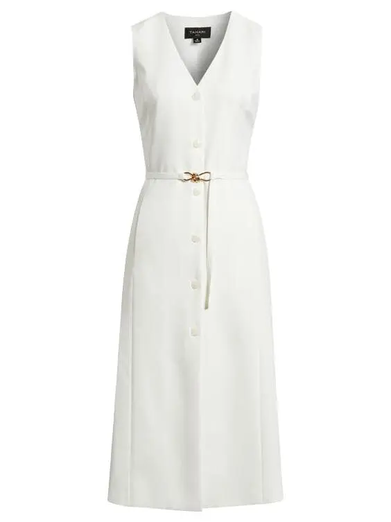 TAHARI ASL Sleeveless Belted Midi Shirt Dress - Ivory