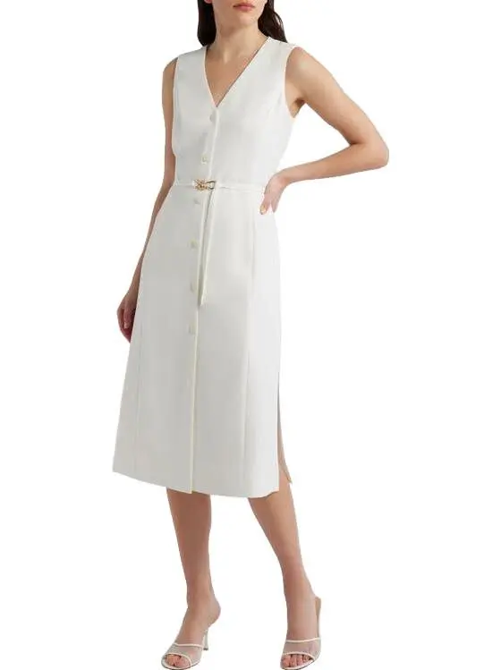 TAHARI ASL Sleeveless Belted Midi Shirt Dress - Ivory