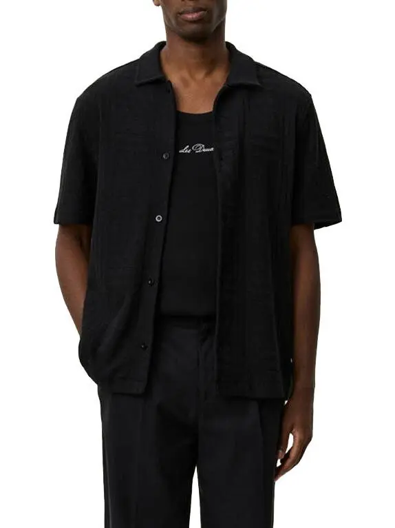 LES DEUX Hector Cotton Blend Pointelle Short Sleeve Shirt - Black