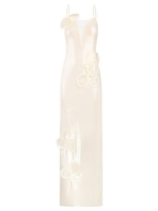 MALVA FLOREA Sequin Bustier Gown With Petal Appliques - Beige