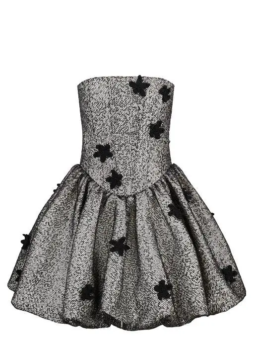 MALVA FLOREA Sequin Balloon-hem Mini Dress With Crochet Florals - Black
