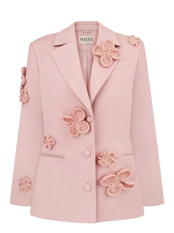 MALVA FLOREA Hourglass Jacket With Crochet Floral Appliqués - Powder