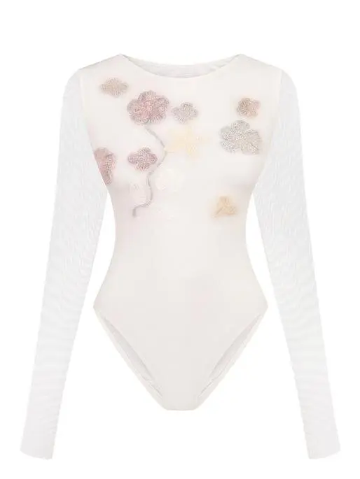 MALVA FLOREA Sheer Mesh Bodysuit With 3d Florals - White