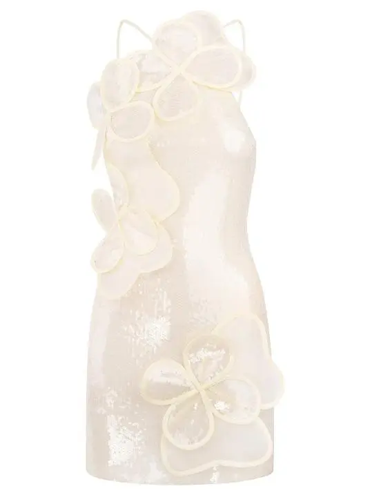 MALVA FLOREA Sequin Mini Dress With Floral Appliqués - Beige