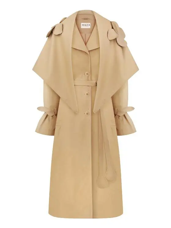 MALVA FLOREA Relaxed Trench Coat With Detachable Scarf And Floral Appliqués - Beige
