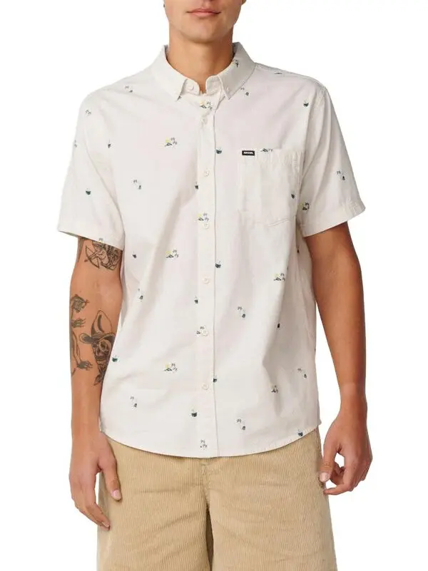 Rip Curl Skelly Breach Tropical Print Short Sleeve Cotton Chambray Button-down Shirt - Bone