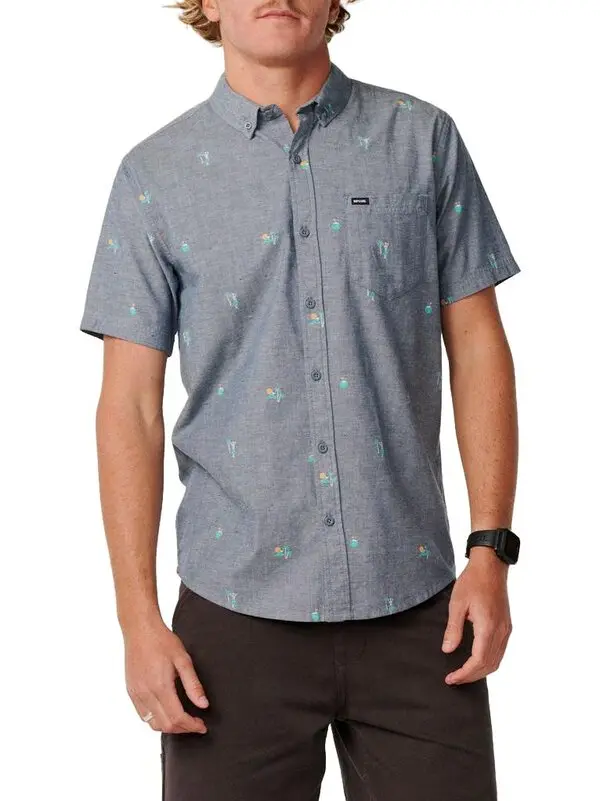 Rip Curl Skelly Breach Tropical Print Short Sleeve Cotton Chambray Button-down Shirt - Light Navy
