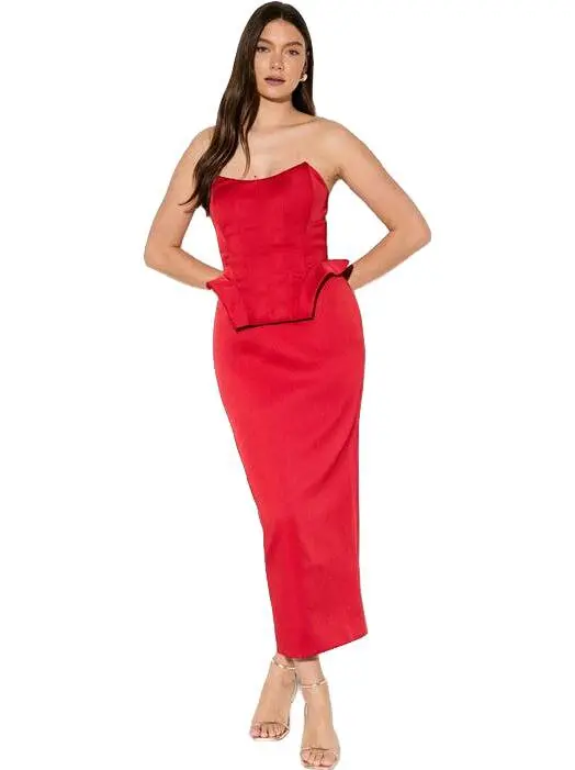 MISSPAP Premium Bonded Satin Corset Midaxi Dress - Red