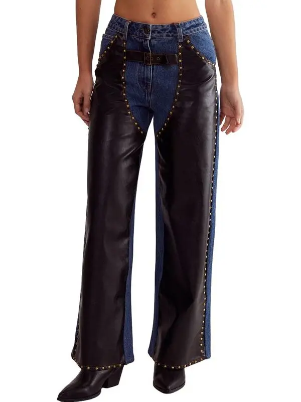Nasty Gal Straight Leg Denim And Faux Leather Chaps Jeans - Dark Wash