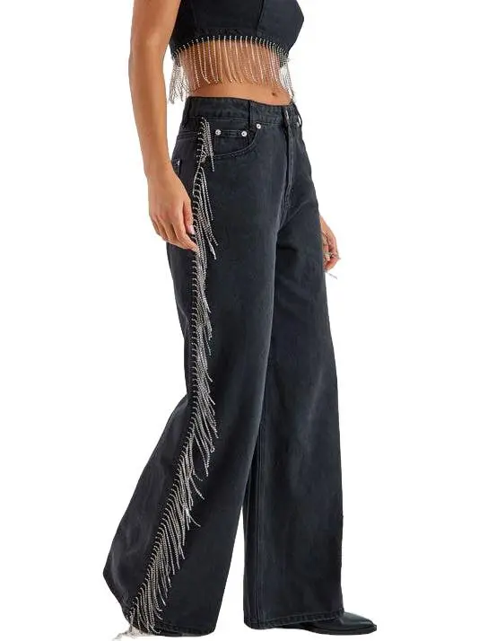 Nasty Gal Denim Diamanté Tassel Straight Leg Jeans - Washed Black