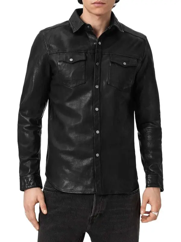 ALLSAINTS Irwin Leather Snap-up Shirt - Black