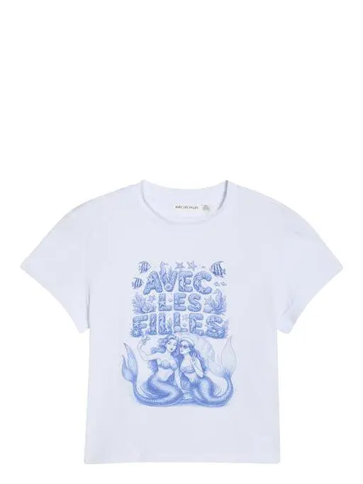 Avec Les Filles Mermaid Logo Crop Graphic T-shirt - White