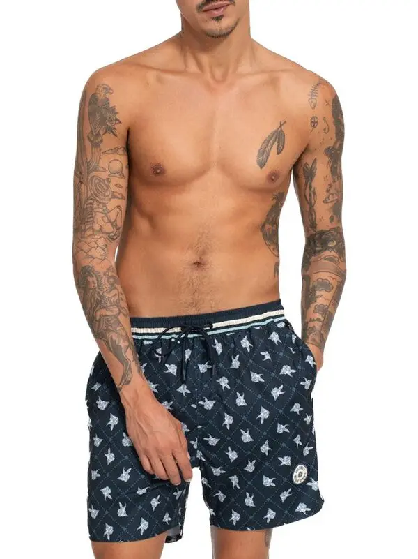 Agua Bendita Stretch Cotton Blend Swim Trunks - Navy Multi
