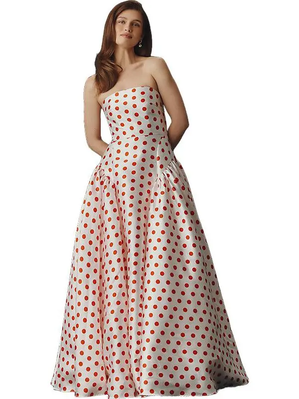 Mac Duggal Strapless Polka Dot Mikado Ball Gown - Red Dot