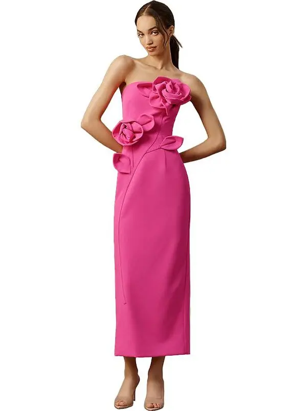 Mac Duggal Crepe Strapless 3d Floral Midi Dress - Pink
