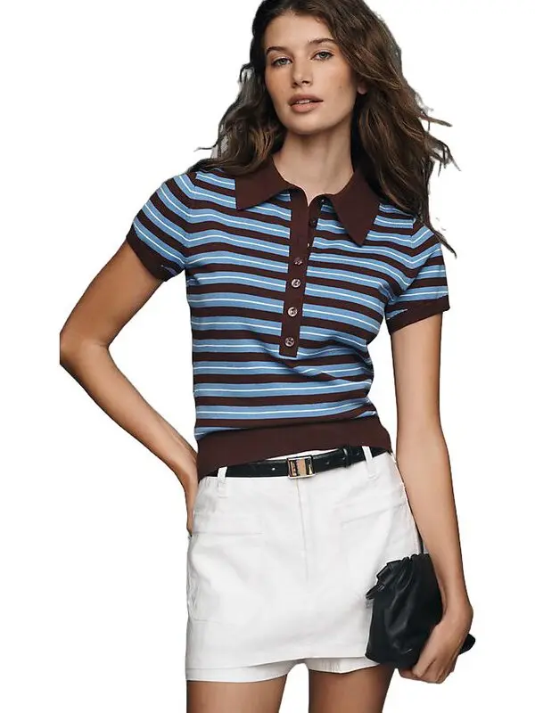 REFORMATION Cotton-blend Short Sleeve Polo Sweater - Mahogany Multi Stripe