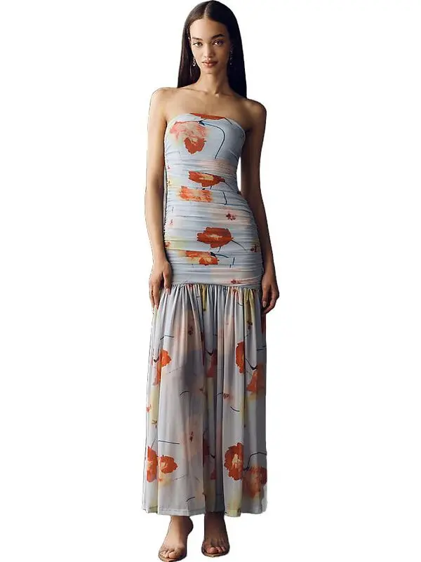 Bardot Solana Drop-waist Strapless Maxi Dress - Baby Blue Floral