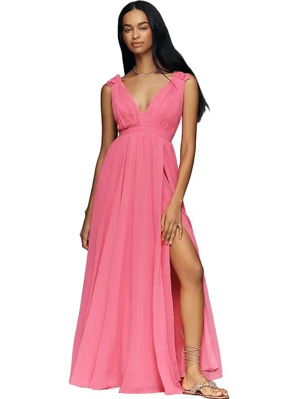Mac Duggal Ieena V-neck Chiffon Maxi Dress - Pink