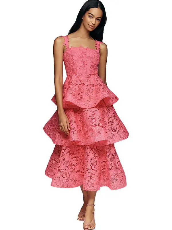 Mac Duggal Leena Tiered Lace Midi Dress - Pink