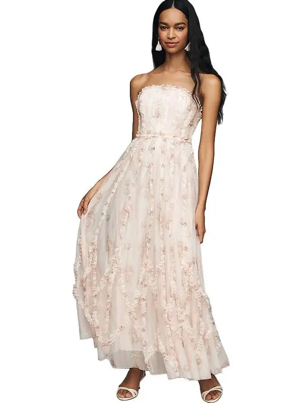 Mac Duggal Strapless Ruffle Mesh Maxi Dress - Ivory Floral